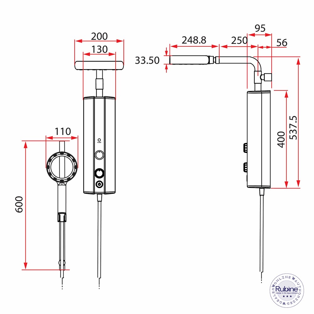 RUBINE P10 RAIN SHOWER INSTANT HEATER W/PUMP & JET